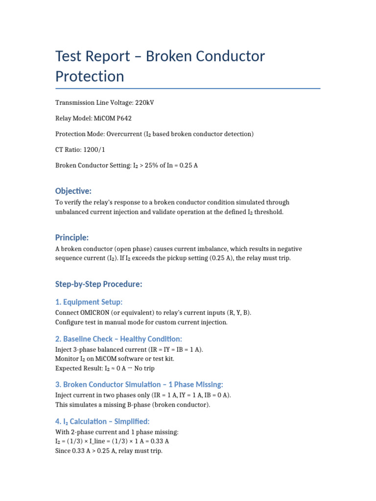 MiCOM P642 Broken Conductor Test Report | PDF