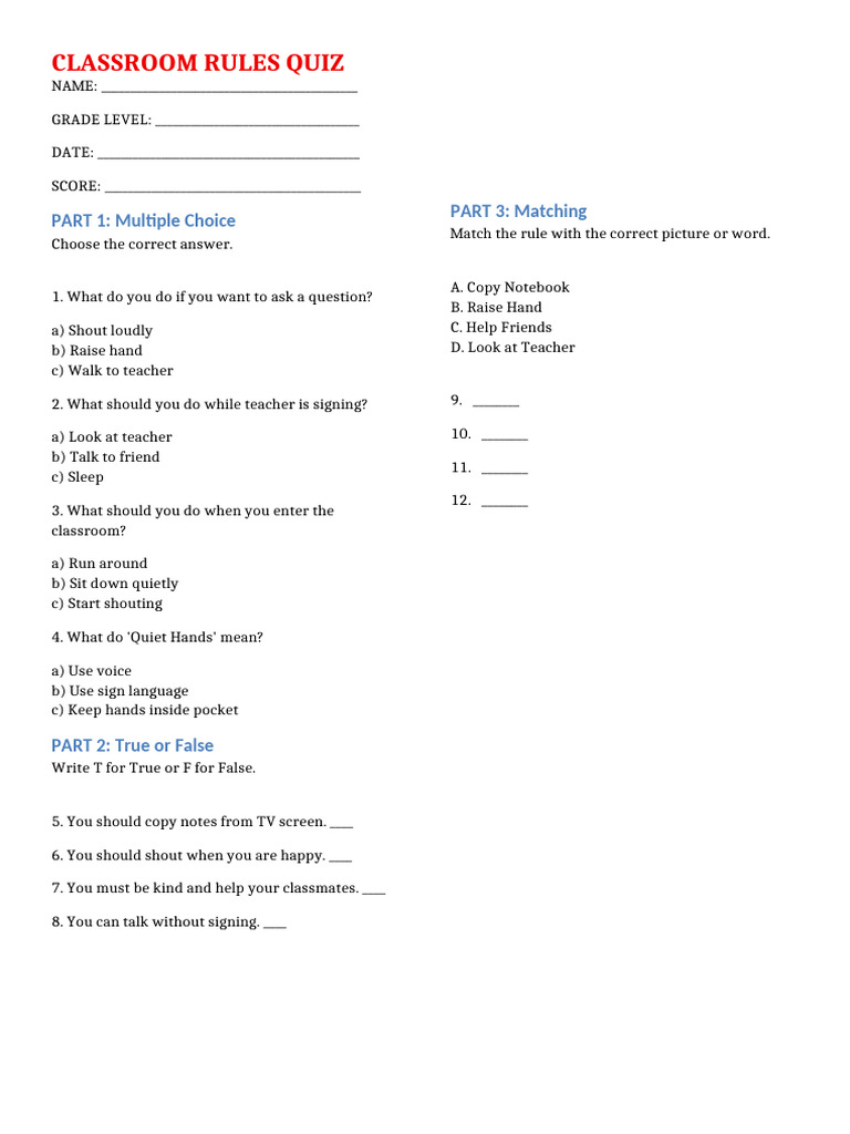 ClassroomRules Quiz Grades7to10 | PDF
