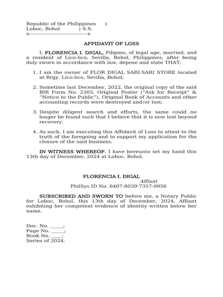 Affidavit of Loss-Florencia Digal | PDF