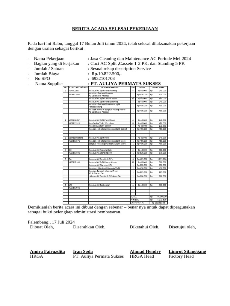 Ba Cleaning Ac Periode Mei & Jun 2024 | PDF