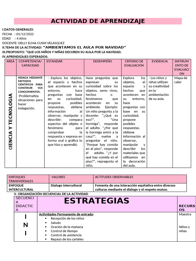 ACTIVIDAD DE APRENDIZAJE CyT. 01-12-2022 3AÑOS | PDF | Curiosidad | Evaluación