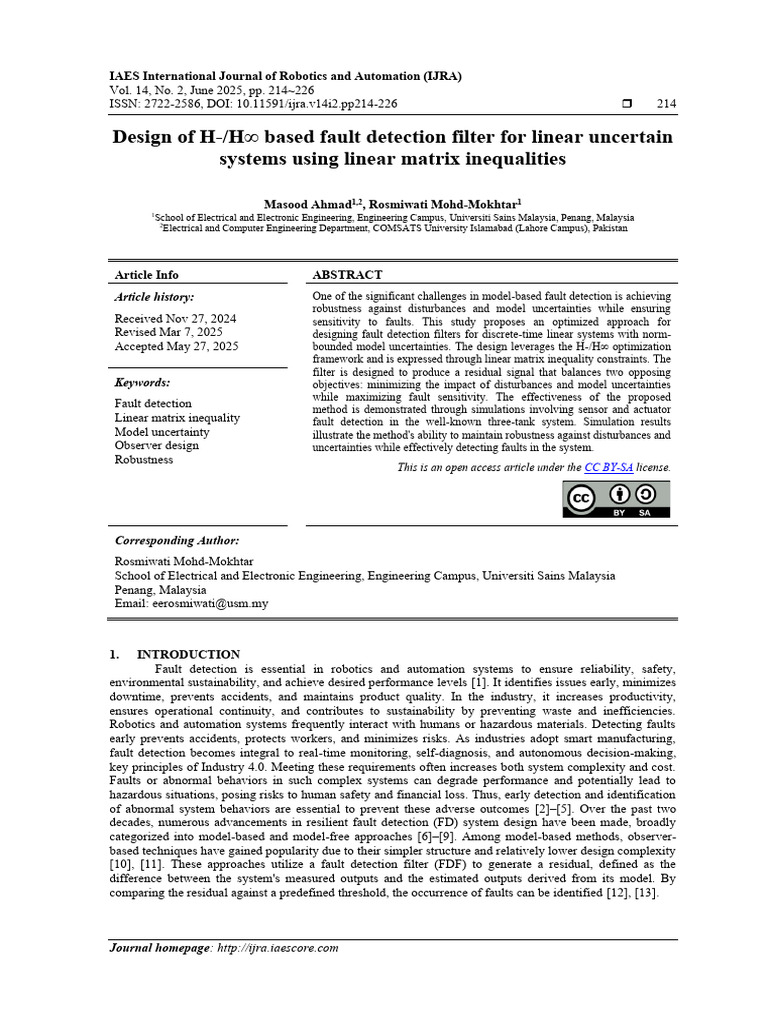 Design Of H H∞ Based Fault Detection Filter For Linear Uncertain Systems Using Linear Matrix