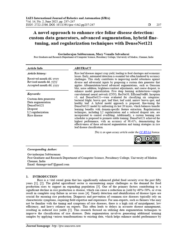 A Novel Approach To Enhance Rice Foliar Disease Detection: Custom Data Generators, Advanced ...