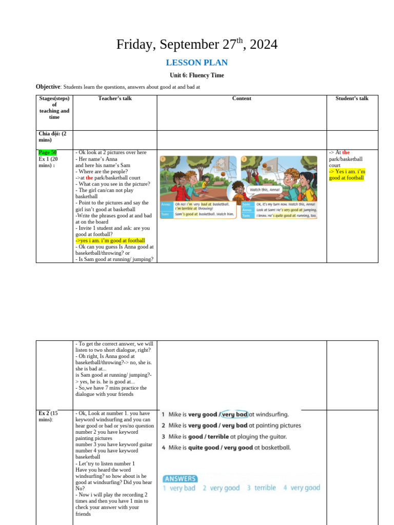 Lesson Plan F&FR 3 (U6-Fluency Time) | PDF | Linguistics | Teaching