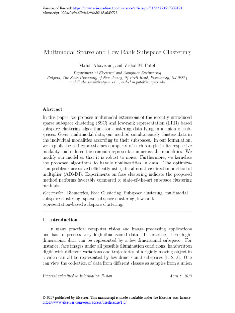 Multimodal Sparse and Low-Rank Subspace Clustering | PDF | Cluster Analysis | Matrix (Mathematics)
