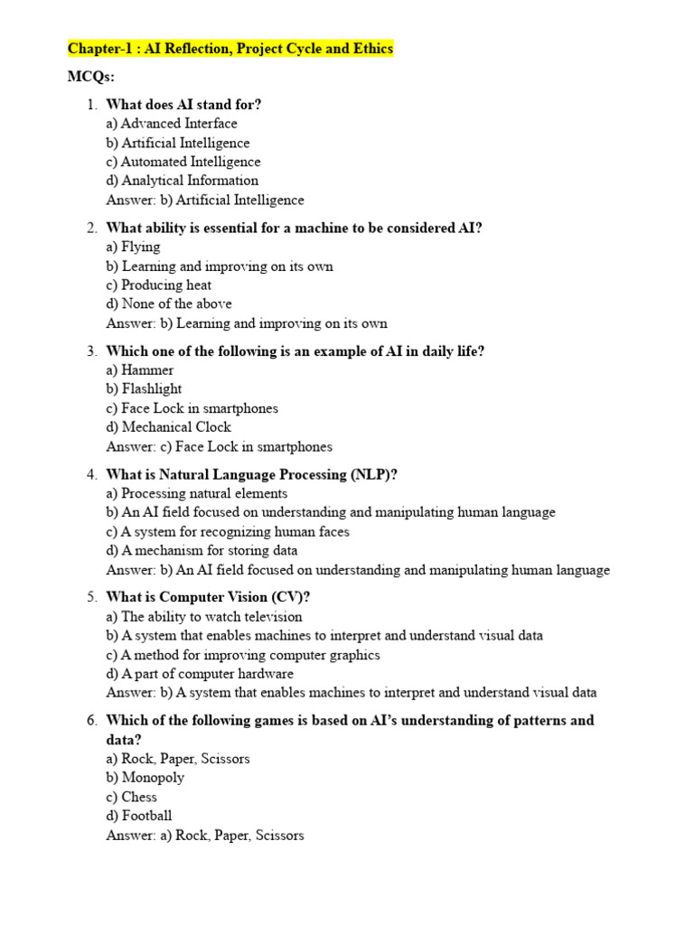 AI Basics, Project Cycle & Ethics MCQs | PDF | Artificial Intelligence ...