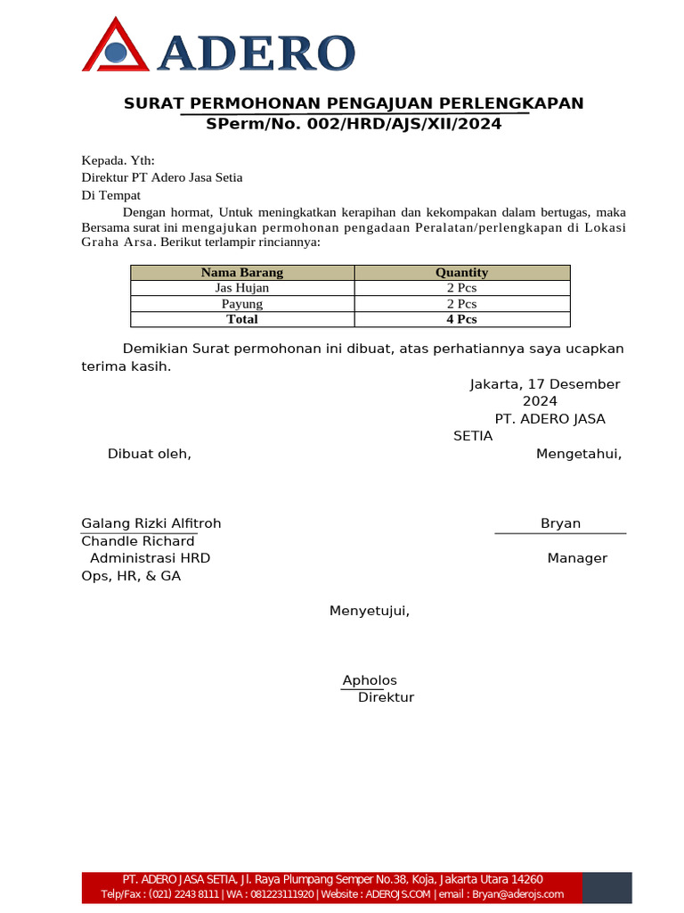 SURAT PERMOHONAN Pengajuan Peralatan | PDF