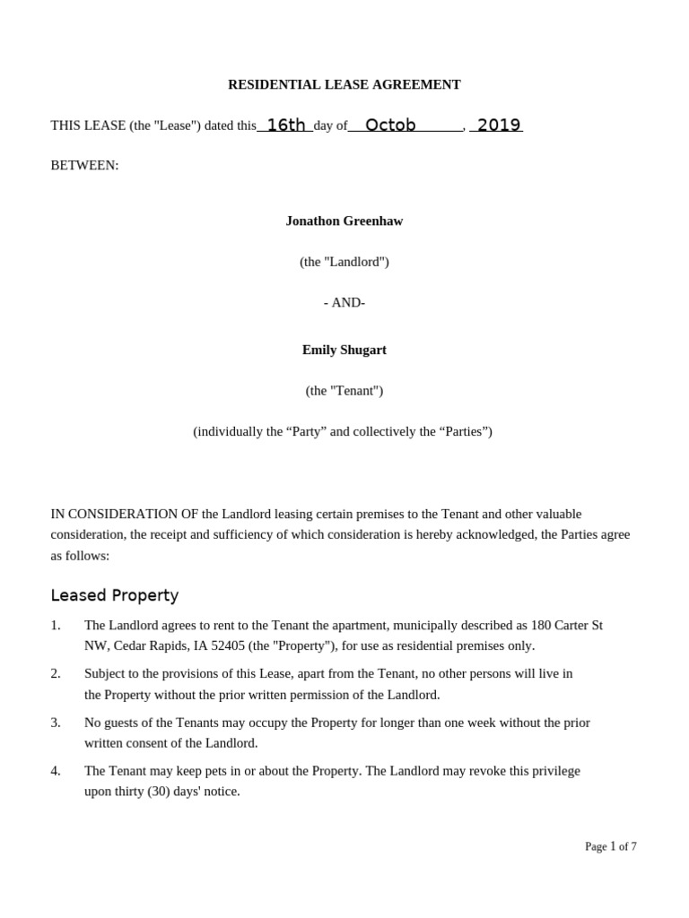 Emily Shugart (Lease Agreement) | PDF | Leasehold Estate | Lease
