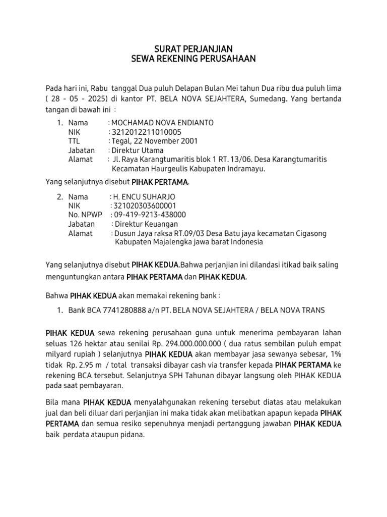 Perjanjian Sewa Rekening Bank PT. Bela Nova | PDF