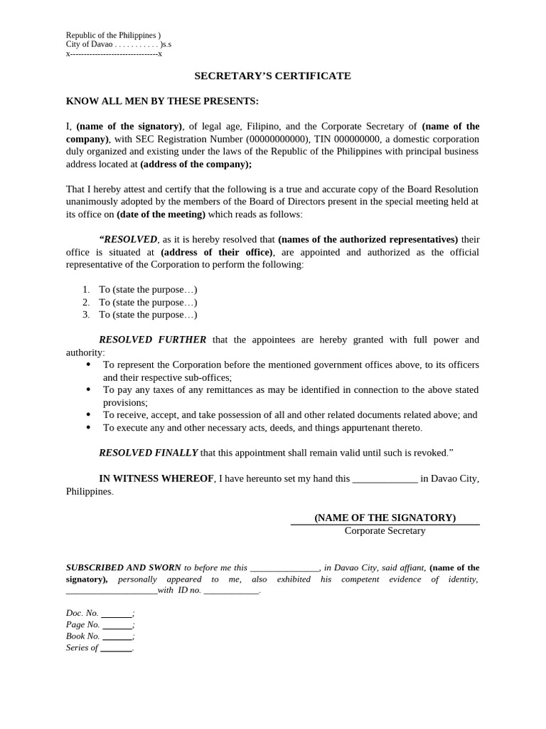 Template - Secretary's Certificate | PDF