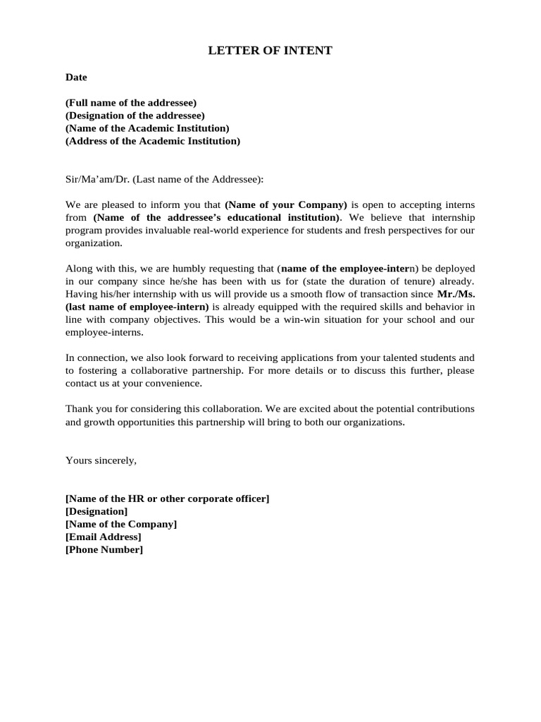Template - Letter of Intent For Internship Deployment | PDF