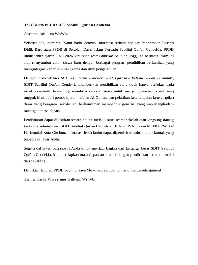 Teks Berita PPDB SDIT Sabiliul Qur | PDF