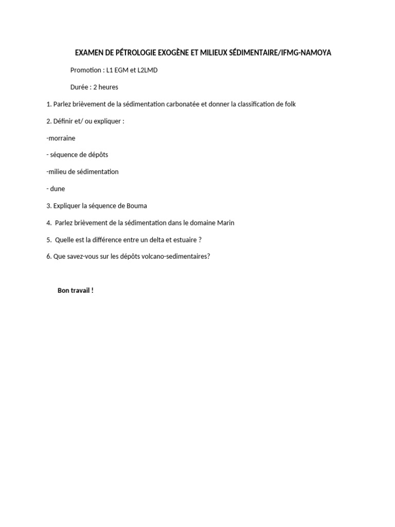 Examen de Pétrologie et Sédimentation | PDF