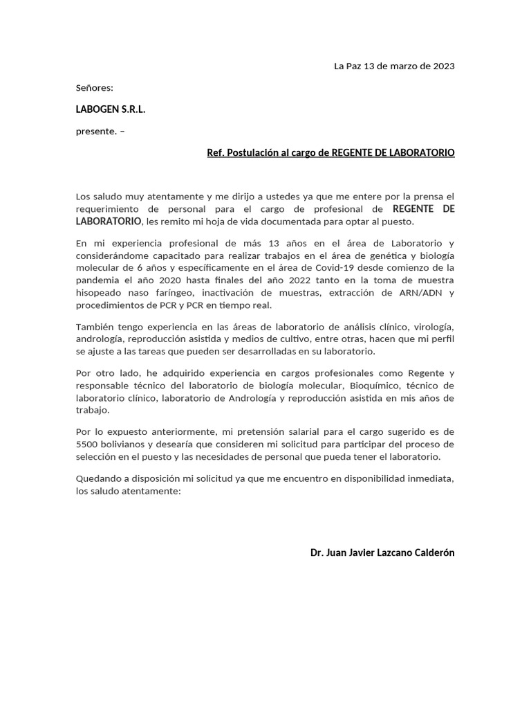 Postulación a Regente de Laboratorio Labogen | PDF