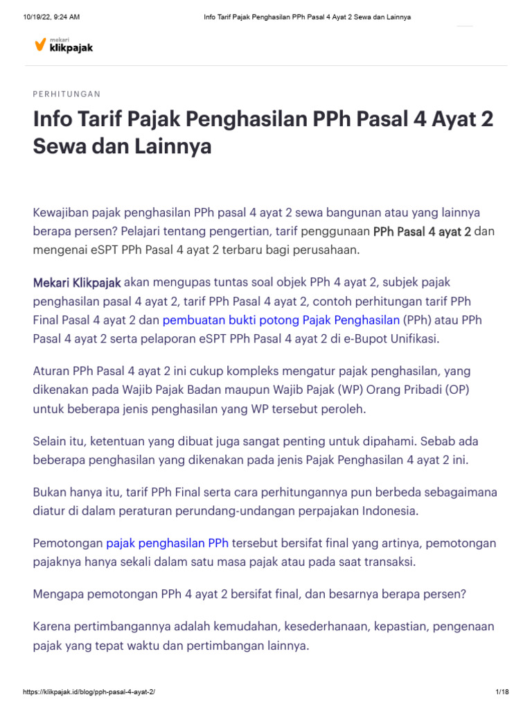 Info Tarif Pajak Penghasilan PPH Pasal 4 Ayat 2 Sewa Dan Lainnya | PDF