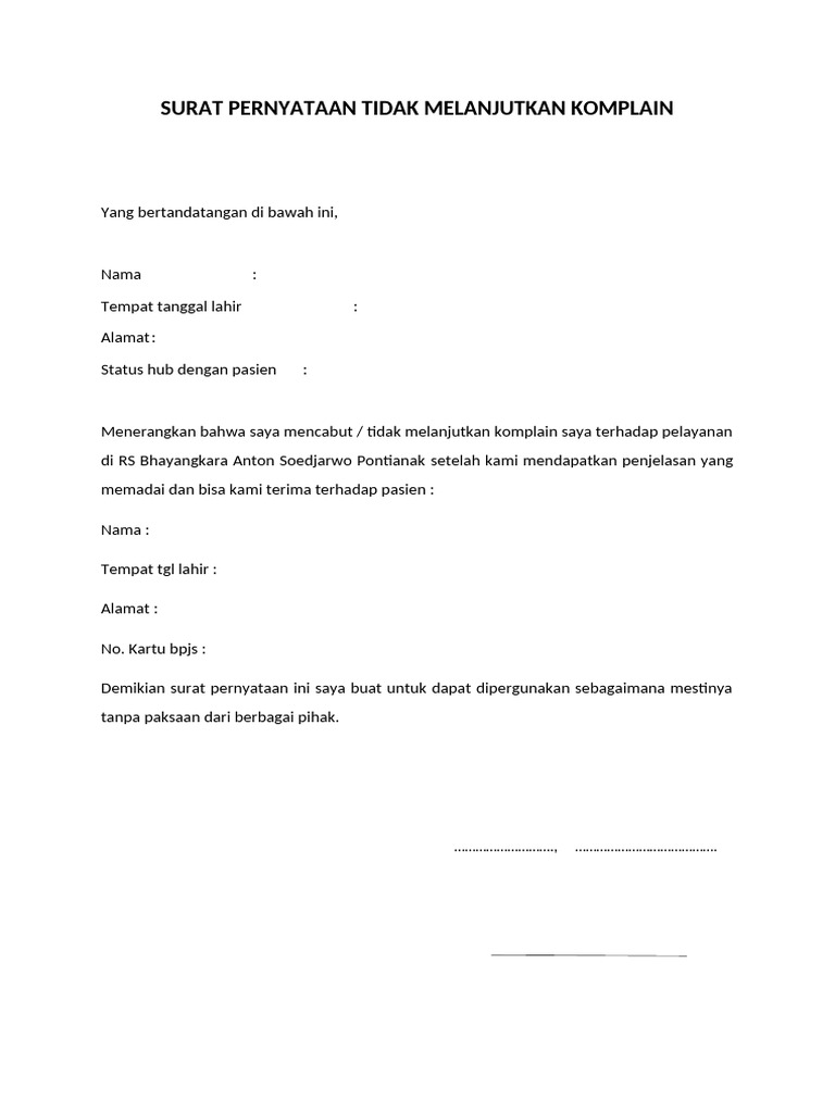 Surat Pernyataan Tidak Melanjutkan Komplain | PDF