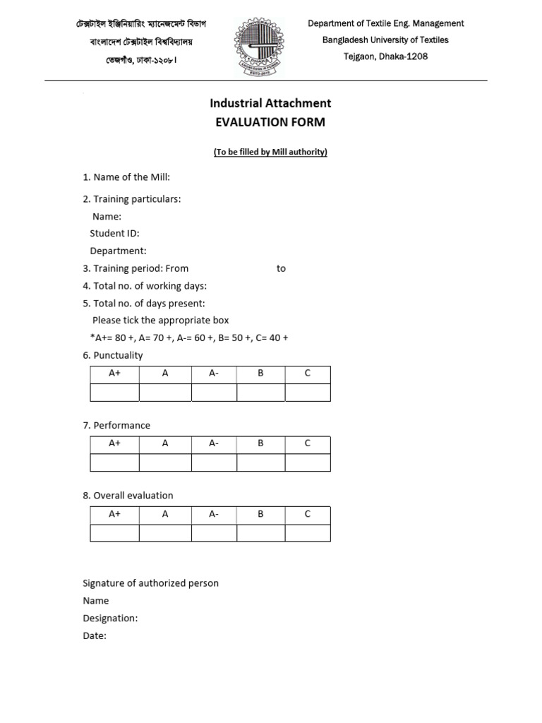 Evaluation Form For Industry | PDF