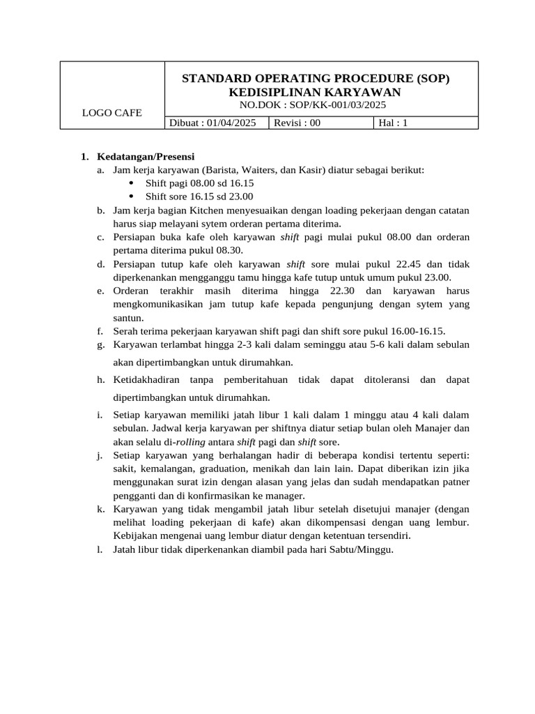 Sop Perusahaan Warkop Vintage | PDF