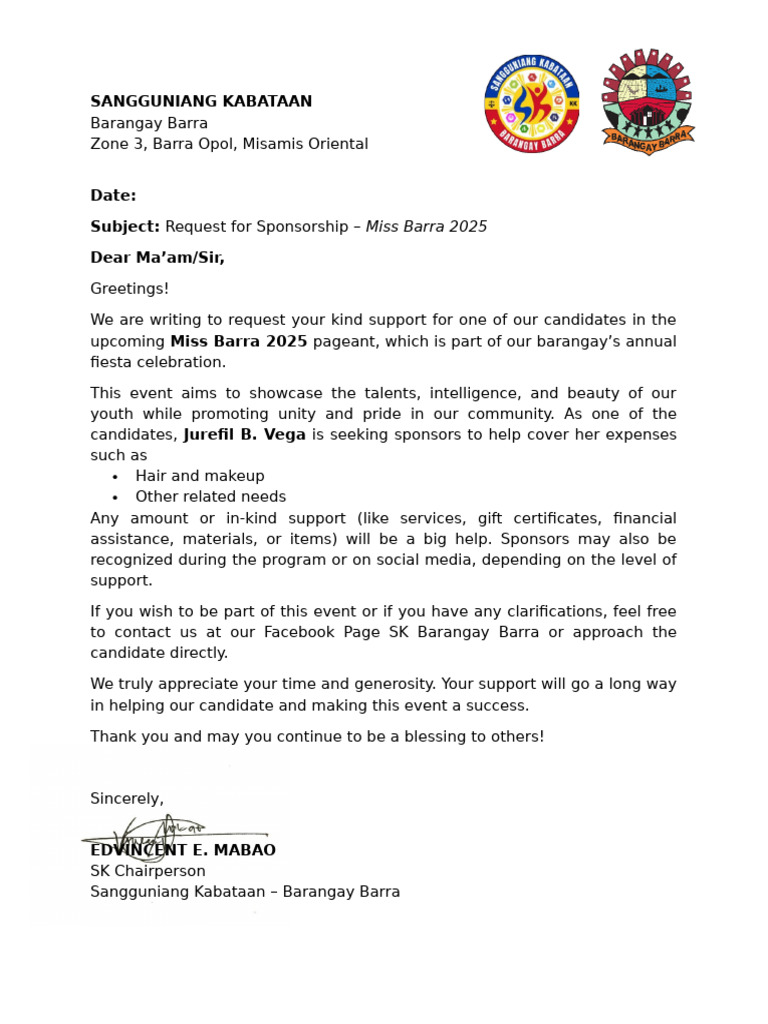 Sponsorship Letter For Miss Barra Candidates | PDF | Youth | Youth ...