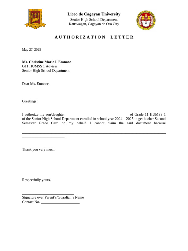 Grade Card Claim Authorization Letter G11 HUMSS 1 2nd Sem. | PDF