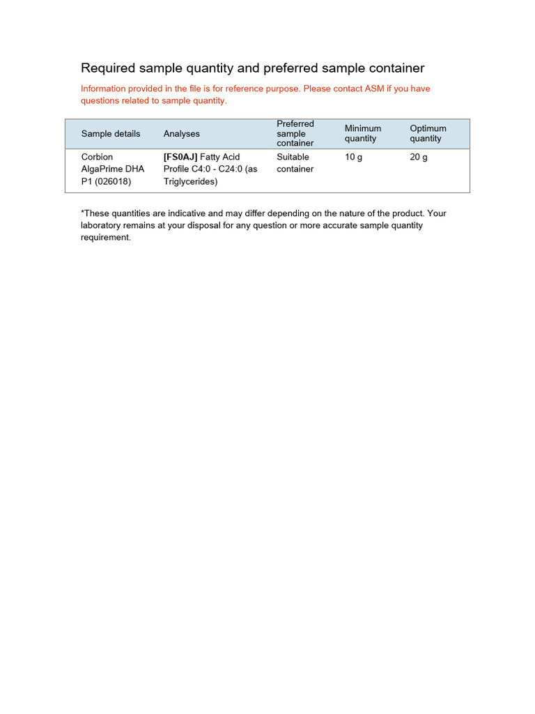 Sample Quantity Guidelines for AlgaPrime DHA | PDF