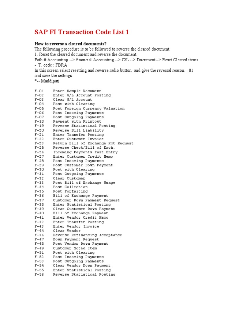 FI T-Codes | Cheque | Payments