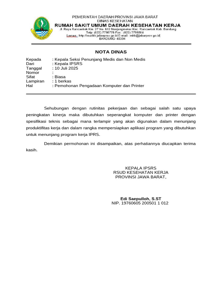 Nota Dinas Perbaikan PC Dari Ipsrs | PDF