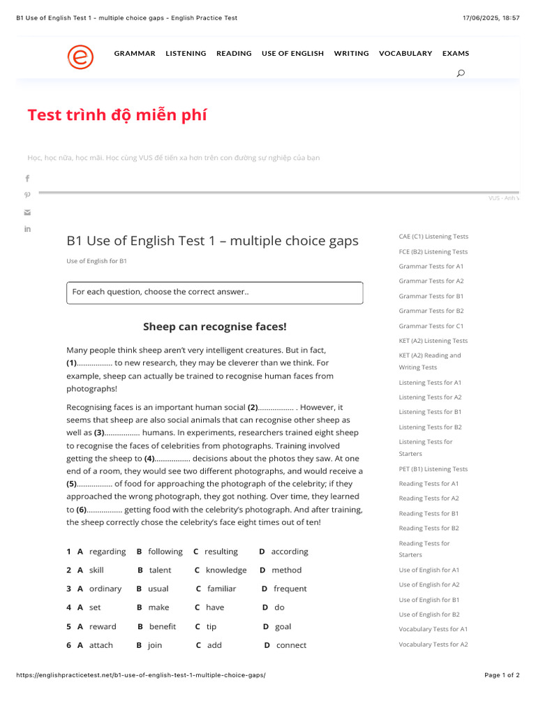 B1 Use of English Test 1 - Multiple Choice Gaps - English Practice Test ...
