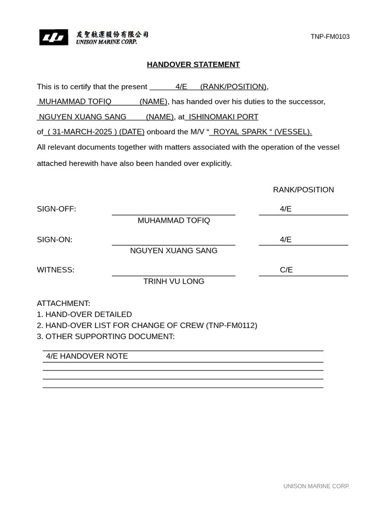 TNP-FM0103 Handover Statement | PDF