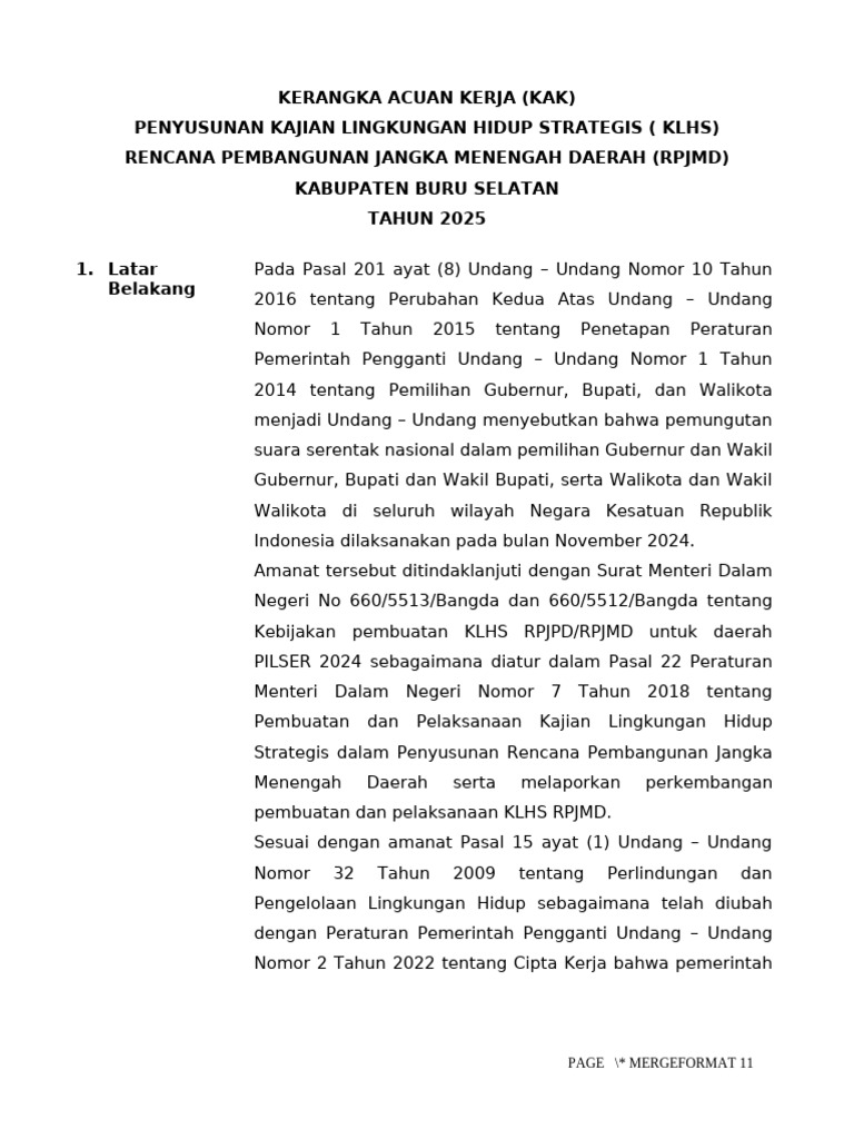 Kak Penyusunan Klhs Rpjmd Kab Bursel -2025 Ok | PDF