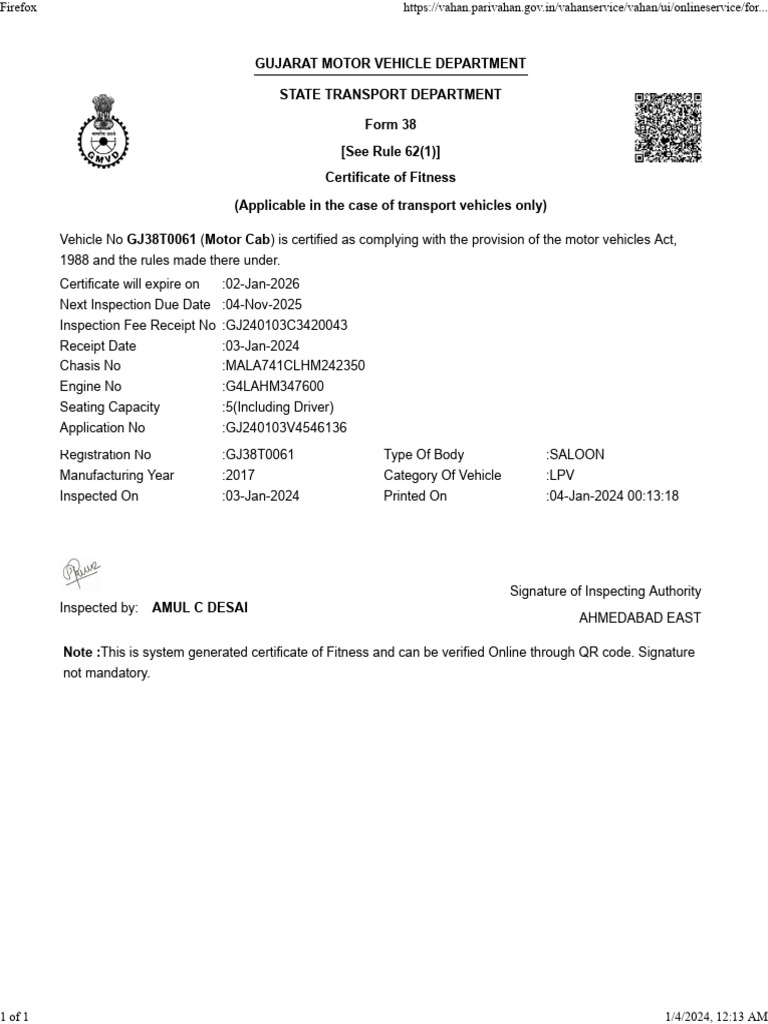 Gujarat Motor Vehicle Department State Transport Department Form 38 ...
