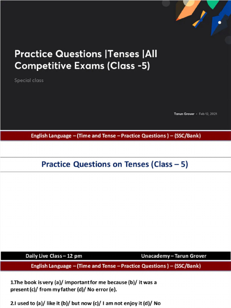 Practice Questions Tenses All Competitive Exams Class 5 No Anno | PDF