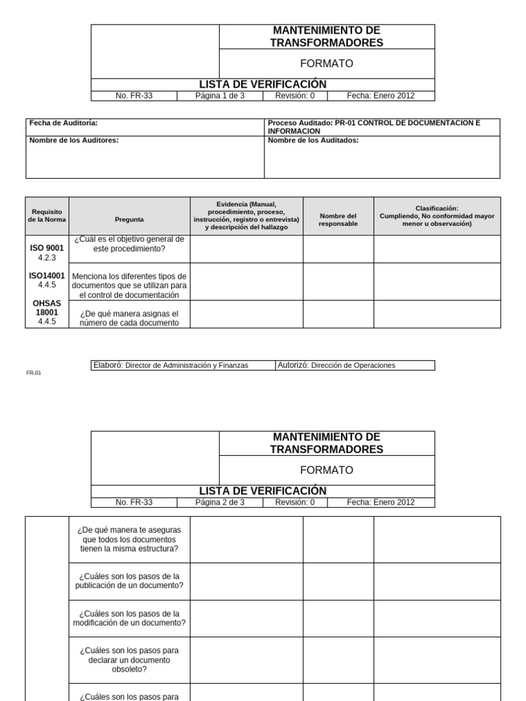 FR-33 Lista de Verificación PR-01 CONTROL DE DOCUMENTACION | PDF