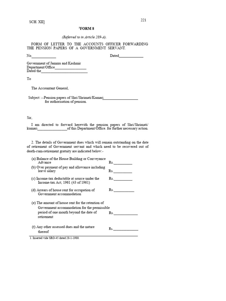 Form 8 Form of Letter To The Accounts Officer Forwarding The Pension ...