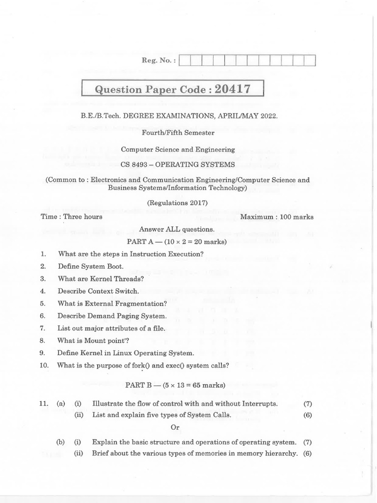 CS8493 Question Paper 2022 Apr May | PDF | Operating System | Process (Computing)