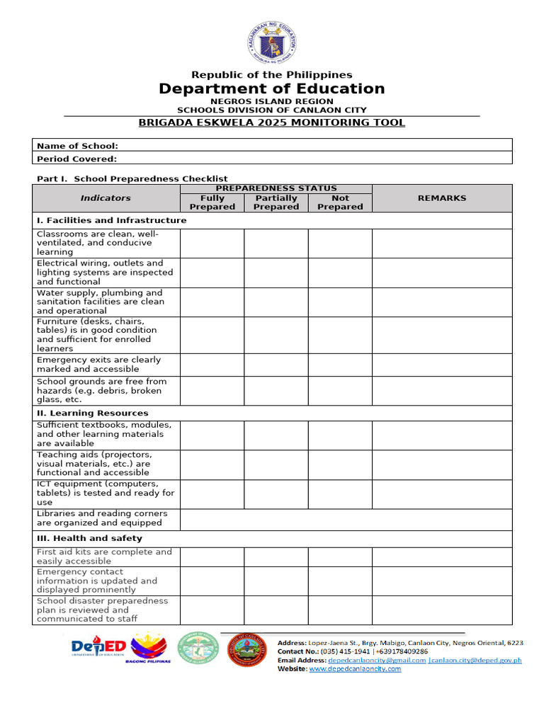 Monitoring Tool For The Brigada Eskwela 2025 | PDF | Emergency ...