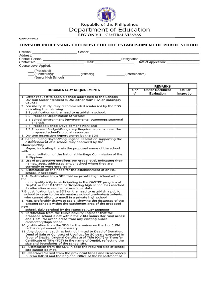 Qad Form 022 Division Processing Checklist For The Establishment of ...