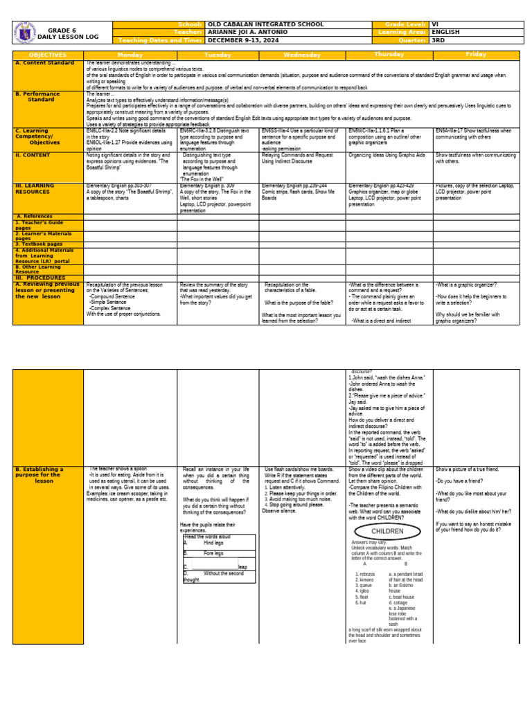 Grade 6 English Lesson Plan: Dec 2024 | PDF | Communication | English ...
