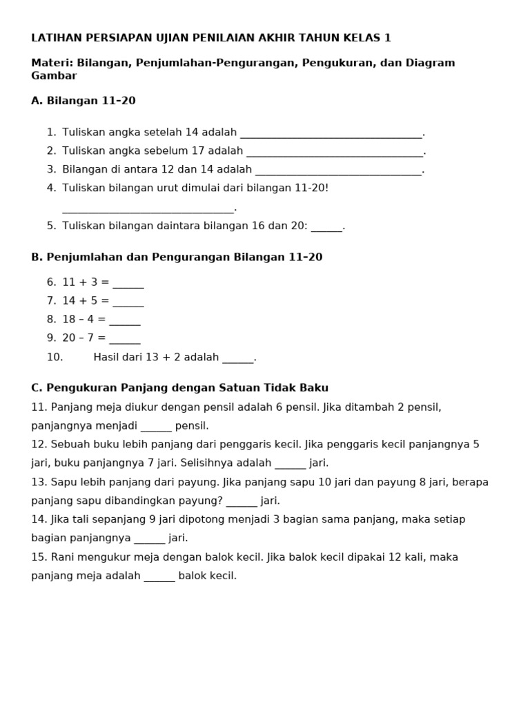 Latihan Persiapan Ujian Penilaian Akhir Tahun Kelas 1 | PDF