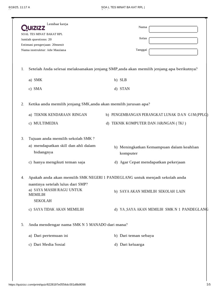 Soal Tes Minat Bakat Jurusan RPL | PDF
