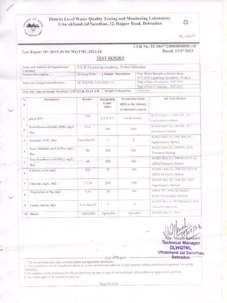 Water Test July23 | PDF | Water Pollution | Water
