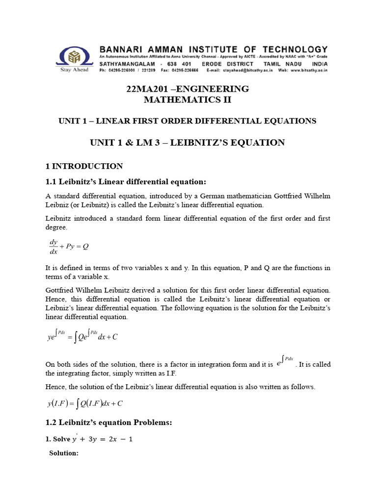 22ma201 - Engineering Mathematics Ii: Unit 1 - Linear First Order ...
