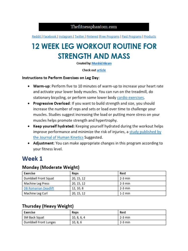 12-Week Leg Workout Plan | PDF | Weight | Strength Training