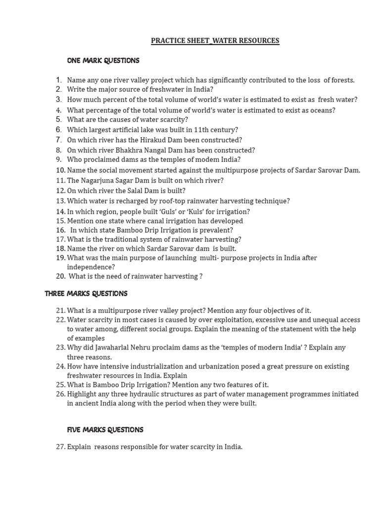 Water Resources Practice Sheet Questions | PDF | Water | Irrigation