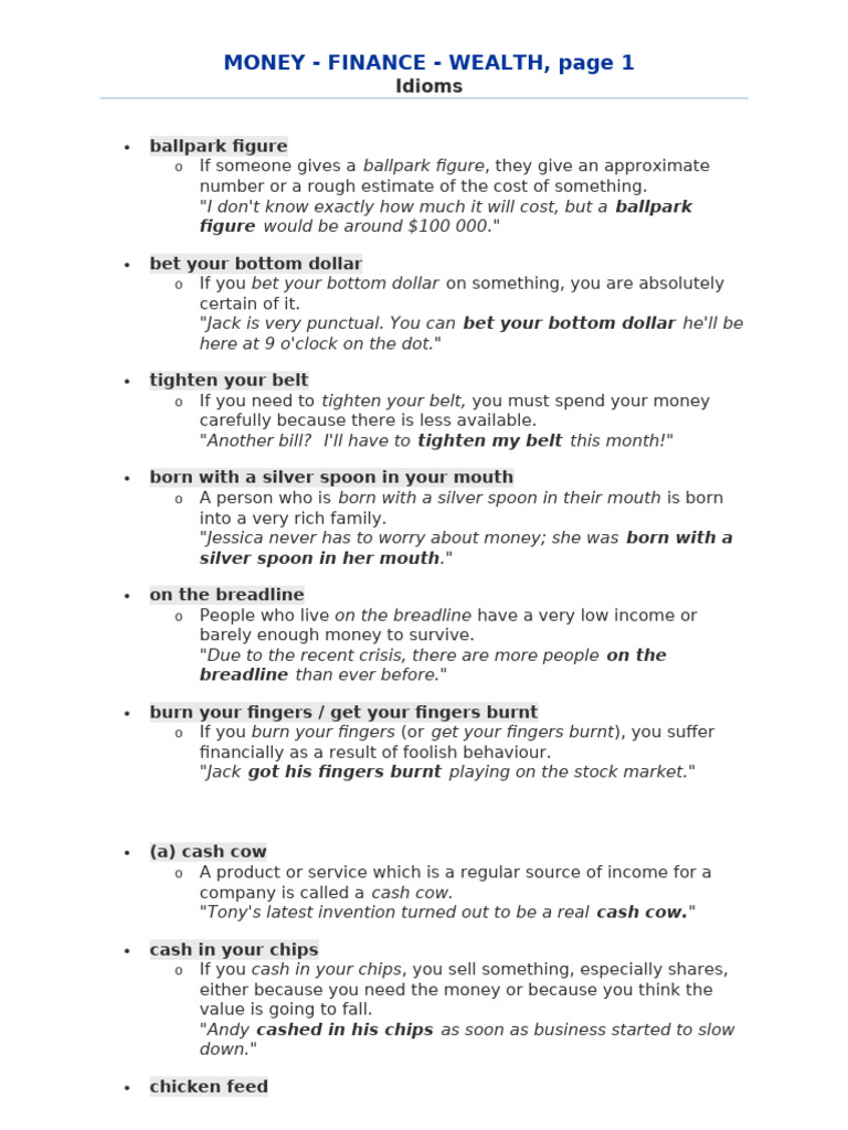 Idioms Phrases Abt Money, Finance and Wealth | PDF | Cost Of Living | Money