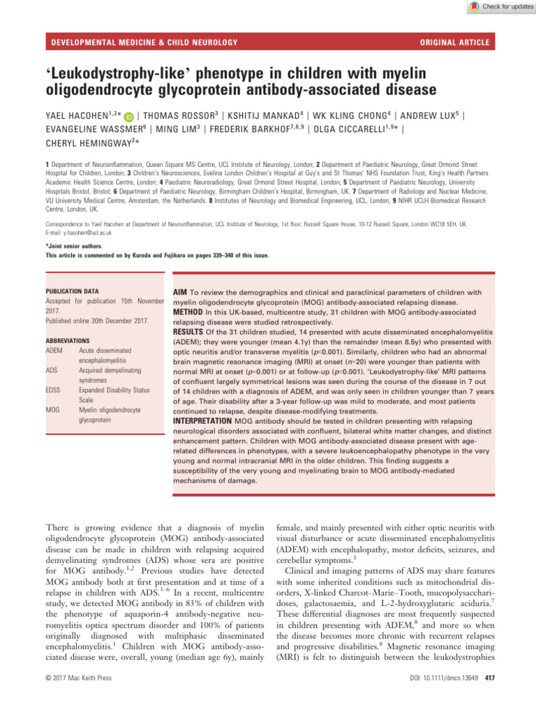 Develop Med Child Neuro - 2017 - Hacohen - Leukodystrophy Like ...