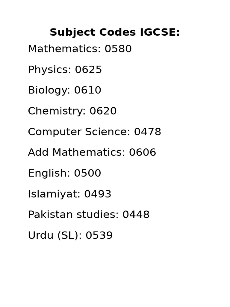 Subject Codes IGCSE | PDF