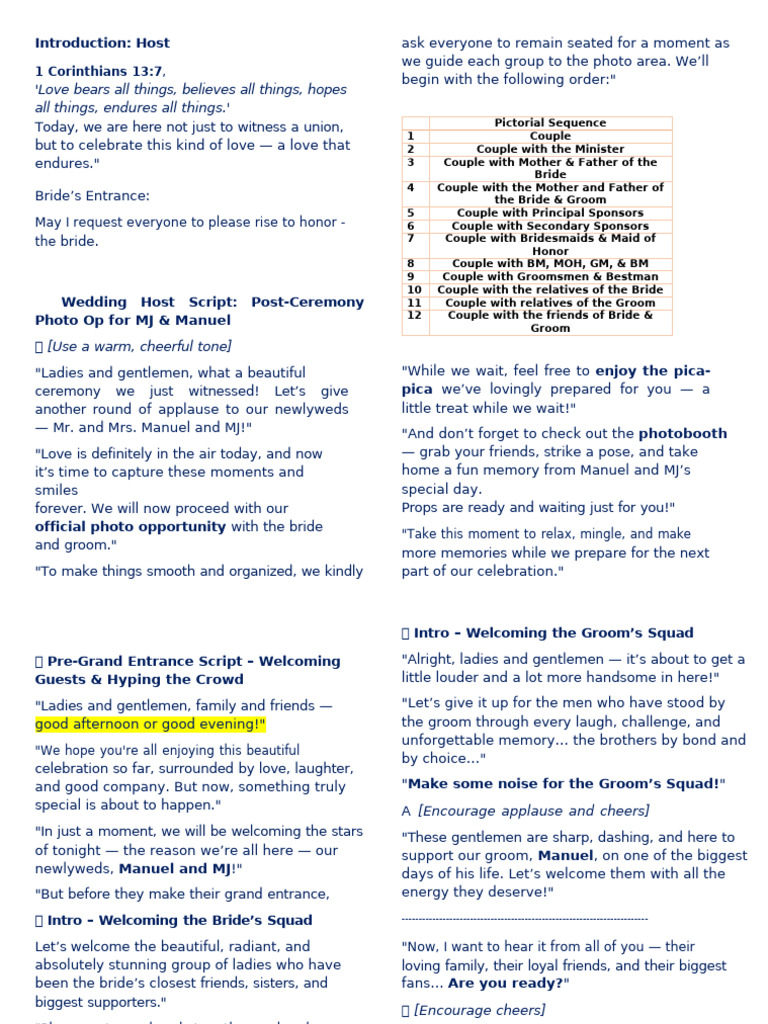 Manuel and MJ Wedding Host Script - Final | PDF | Bridesmaid | Marriage