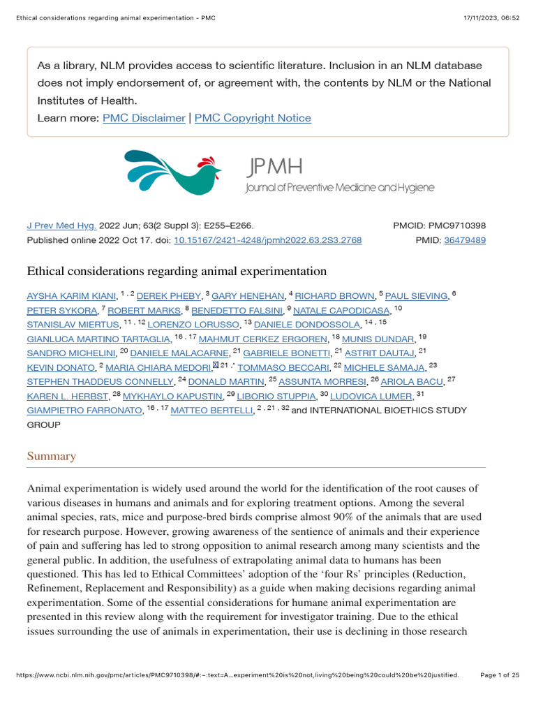 Ethical Considerations Regarding Animal Experimentation - PMC | PDF ...