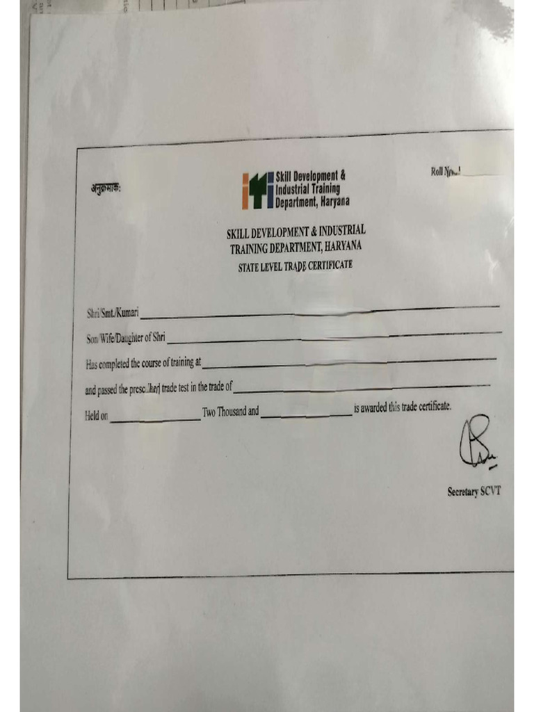 SCVT Iti Haryana Certificate Rotated | PDF
